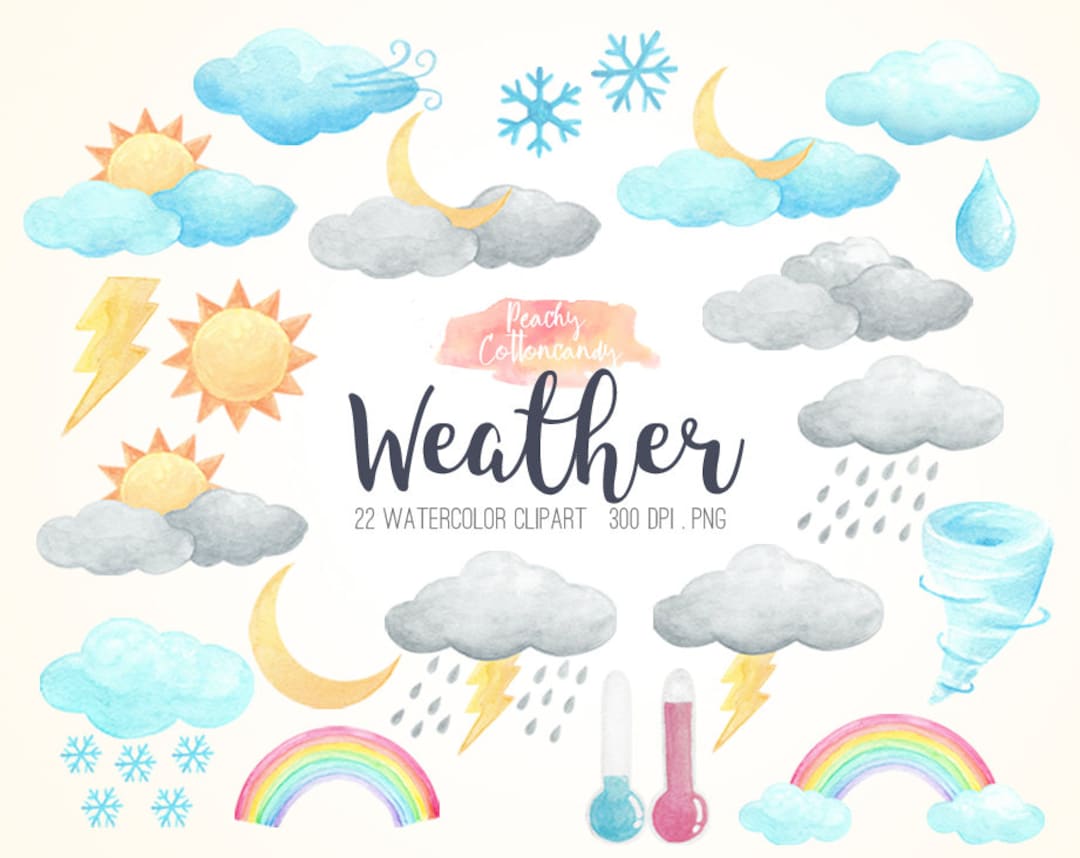 BUY 4 GET 50% OFF Watercolor Weather Clip Art - Sun Moon Clouds Rain ...