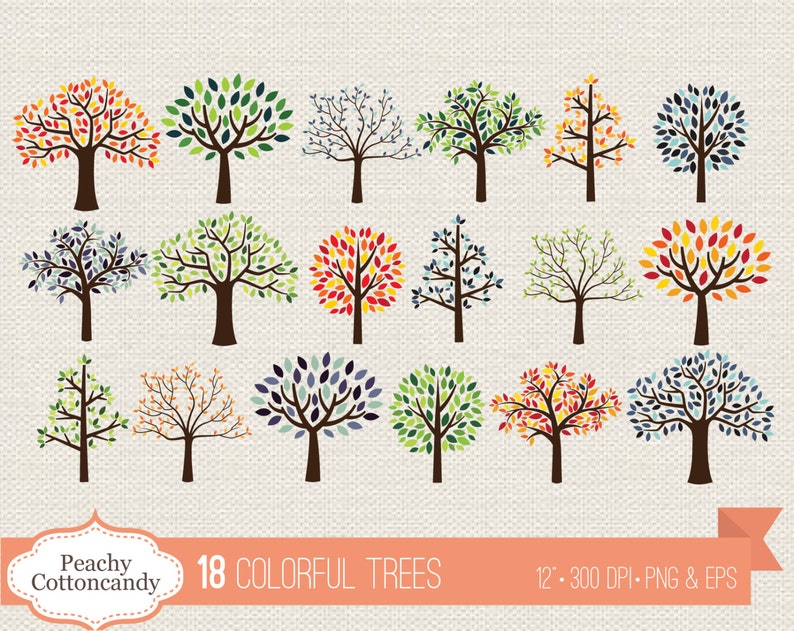 Colorful Trees Clipart: Summer Tree Art (PNG & EPS, 12 Inch) (digital ...
