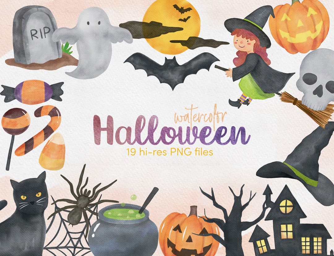 Watercolor Halloween Clipart: Witch, Ghost, Pumpkin (PNG Digital ...