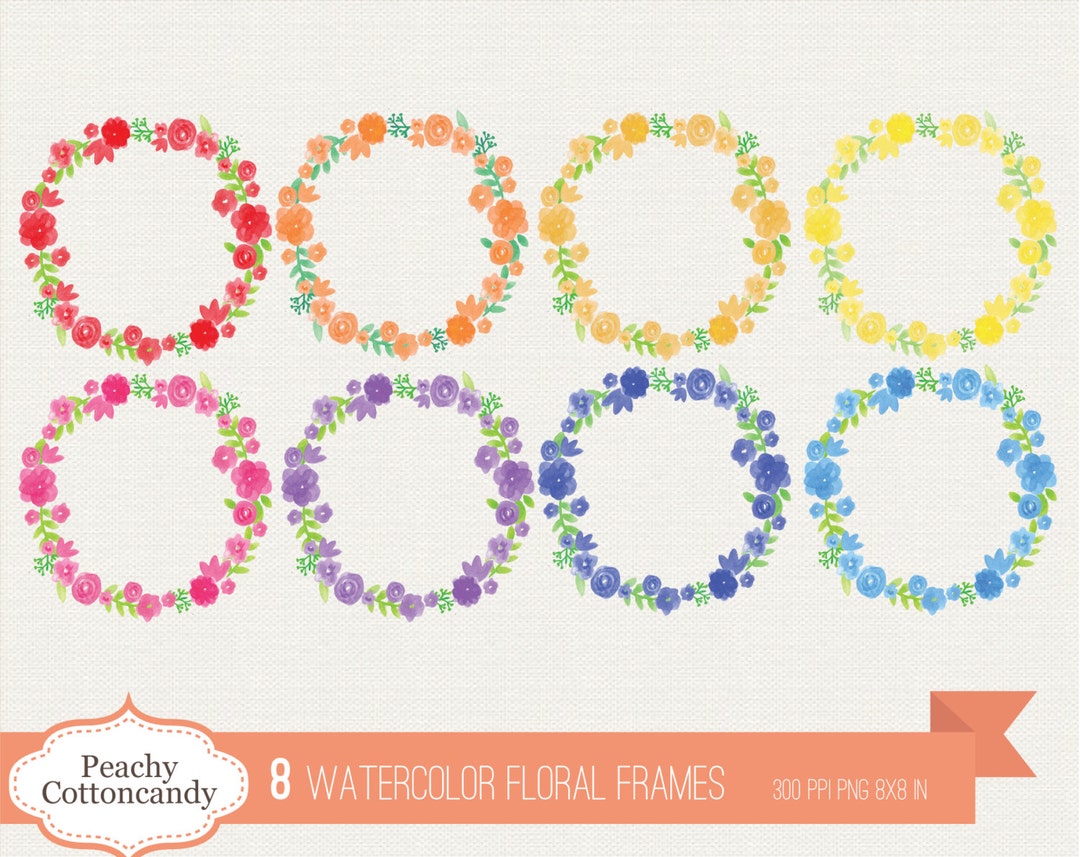 Watercolor Floral Frames Clipart: 8 Flower Wreaths (digital Download ...