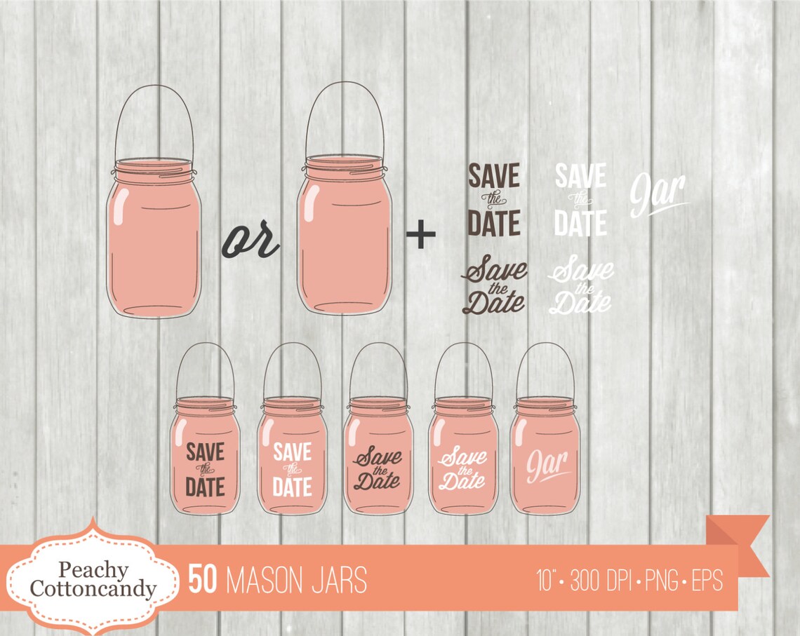 50 Chic Mason Jar Clipart: Floral Wedding Save-the-date (PNG, 300ppi ...