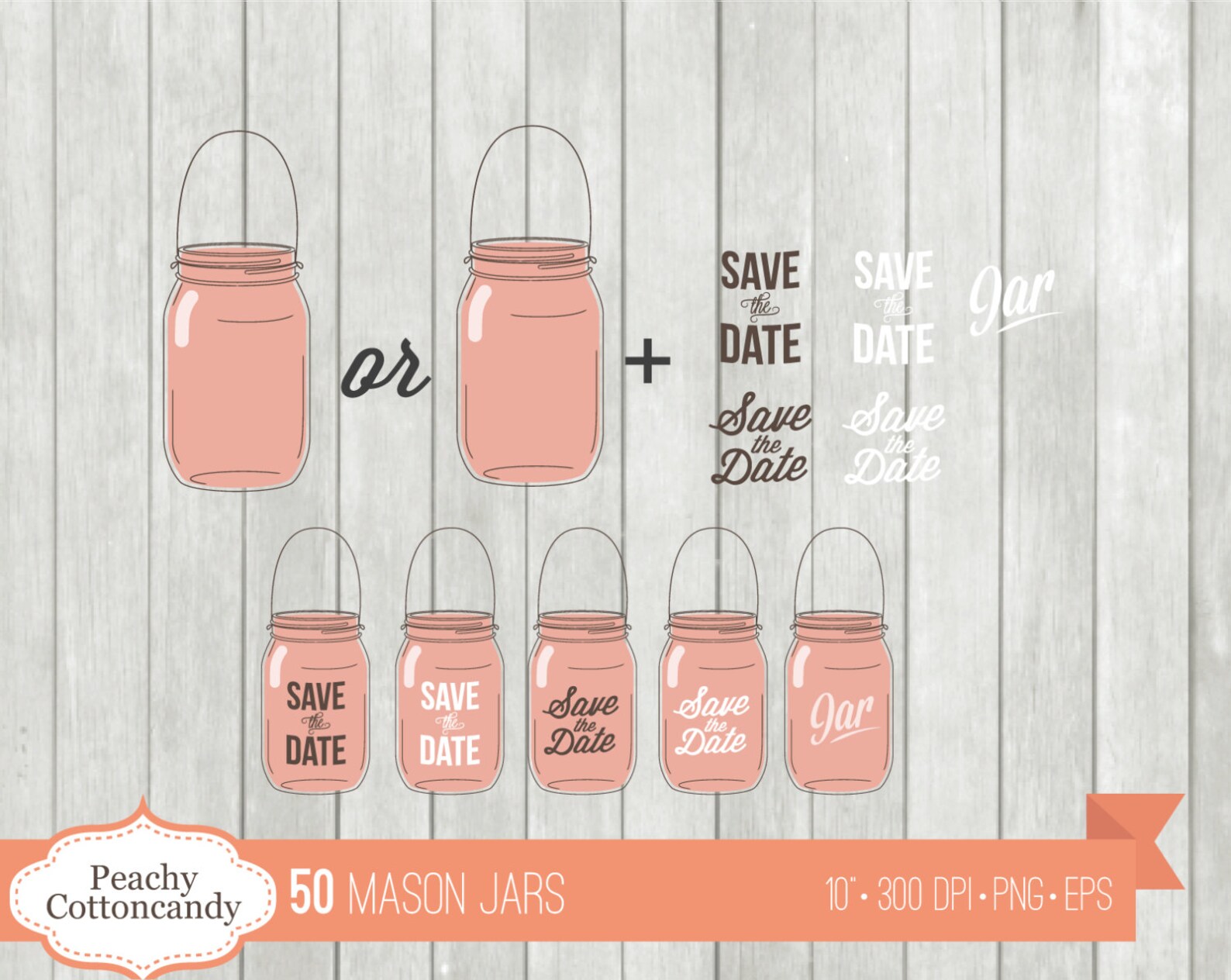 50 Chic Mason Jar Clipart: Floral Wedding Save-the-date (PNG, 300ppi ...