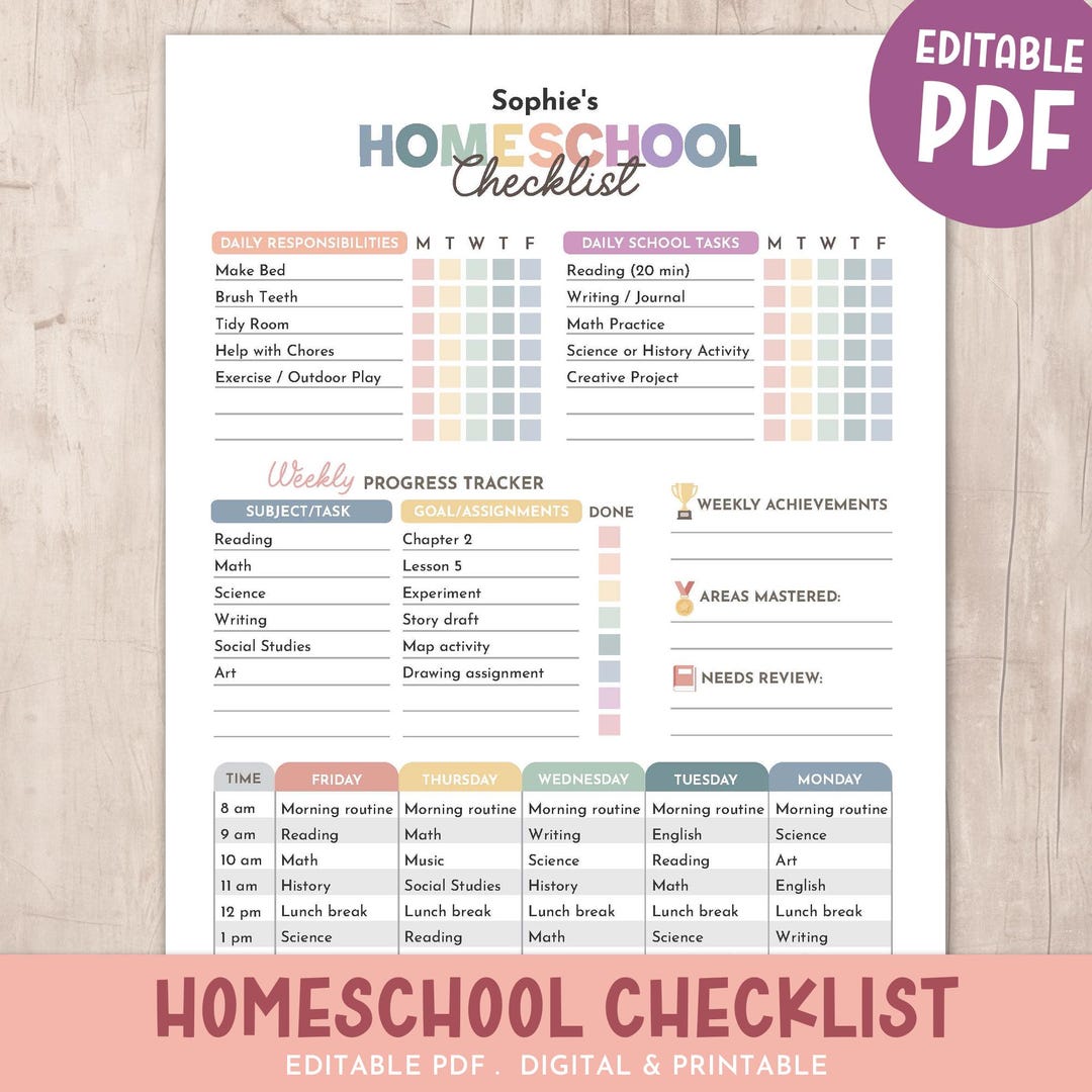Editable Homeschool Checklist - Home School Planner & Schedule - Daily ...