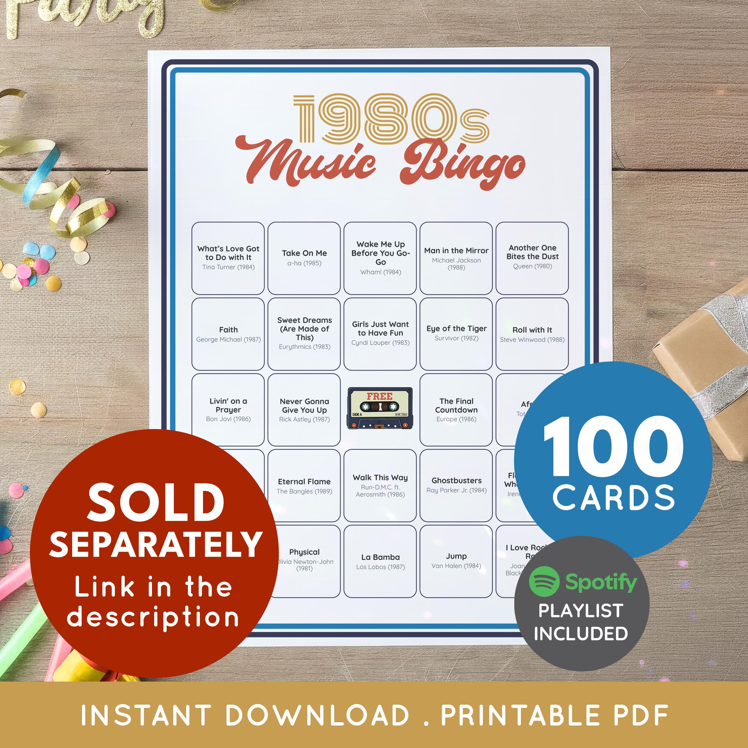 Retro Music Bingo 70s to 90s Greatest Hits | 100 Unique Bingo Cards ...
