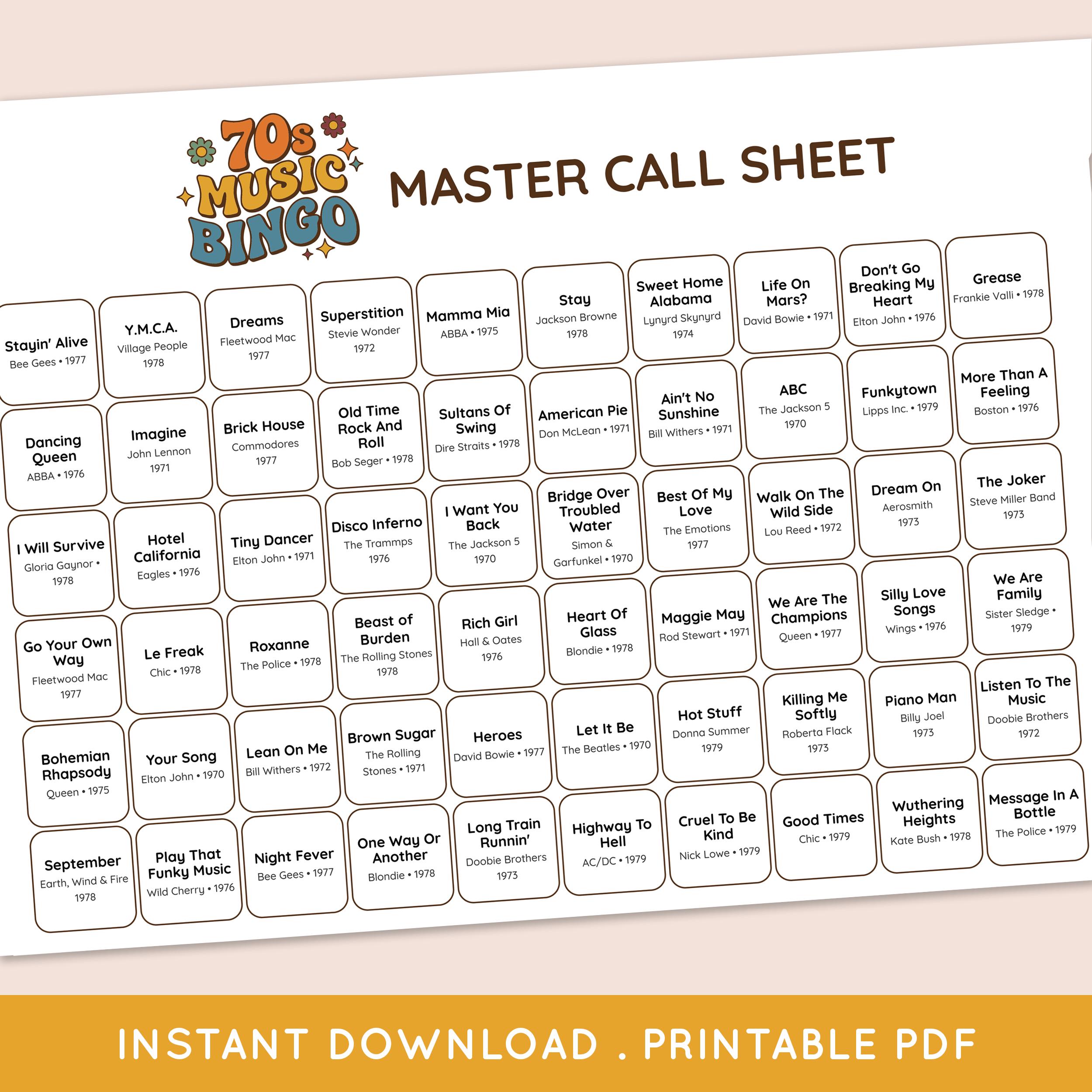 Retro 70s Music Bingo With 60 Hits | 100 Unique Bingo Cards | Spotify ...