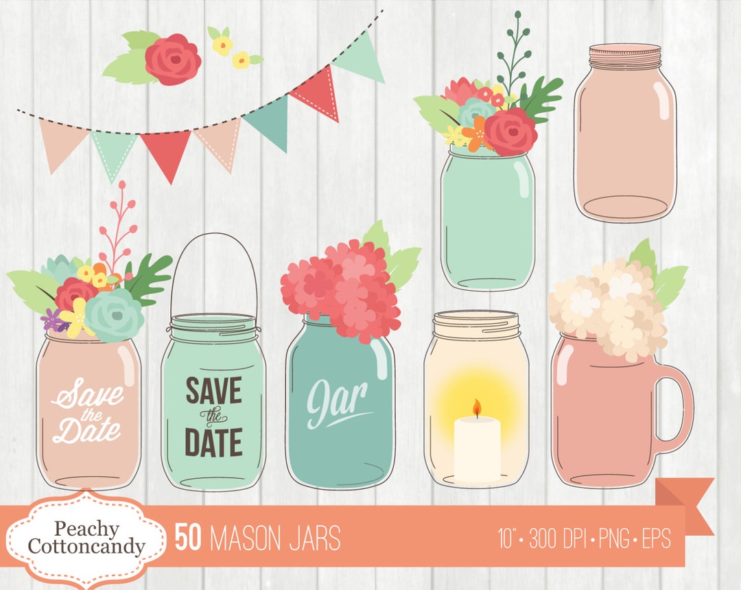 50 Chic Mason Jar Clipart: Floral Wedding Save-the-date (PNG, 300ppi ...