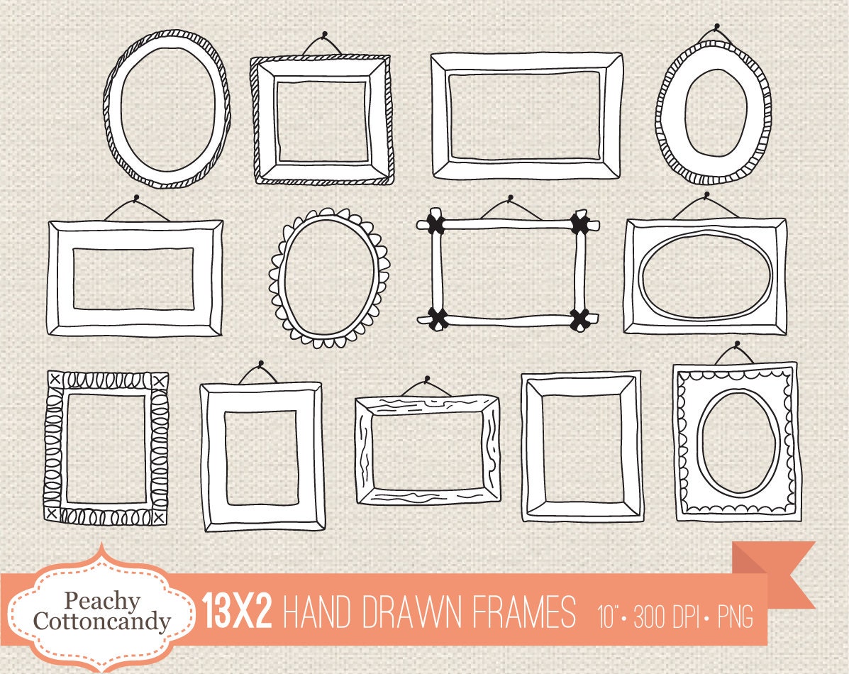 Hand Drawn Doodle Frames Clipart: 26 PNG Digital Frames (10x10 Inches ...