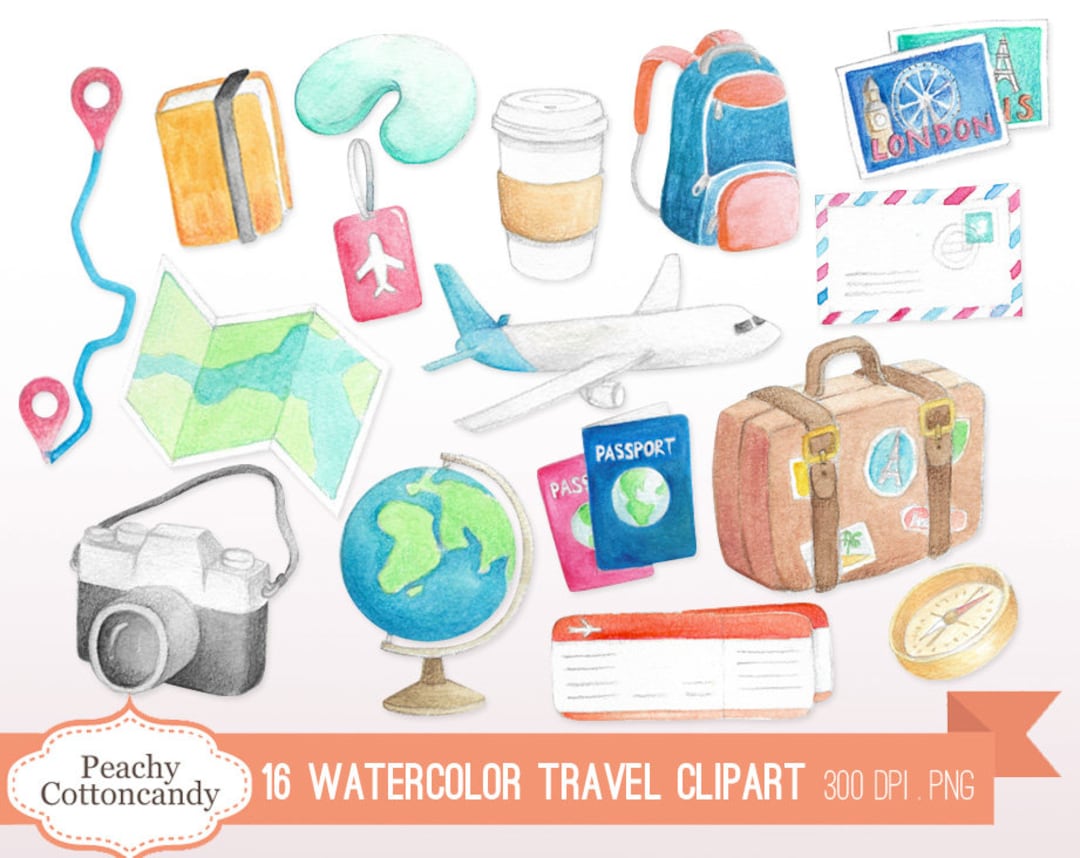 Watercolor Travel Clipart: Vacation Scrapbook Graphics (PNG, 16 Files ...