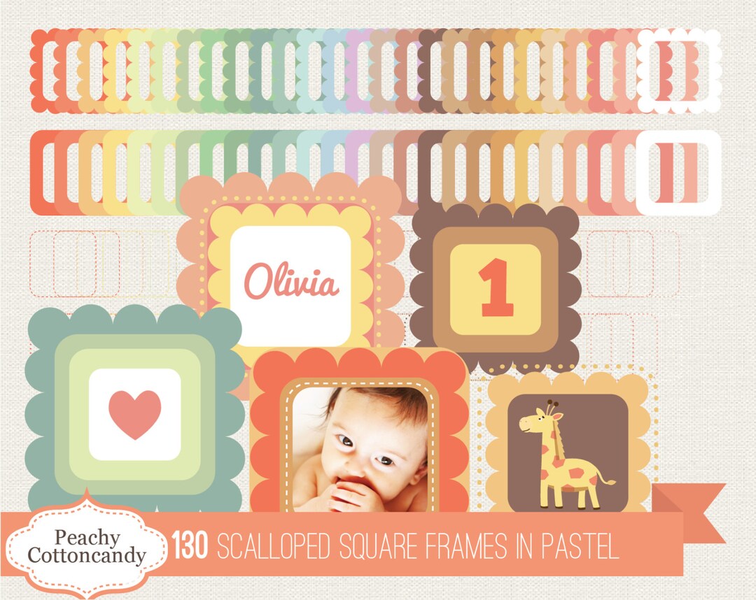 BUY 4 GET 50% OFF 130 Scalloped Square Frames Clip Art in Pastel ...