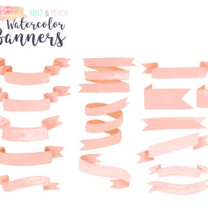 BUY 4 GET 50% OFF Watercolor Ribbon Banner Clip Art in Peach & Mint ...