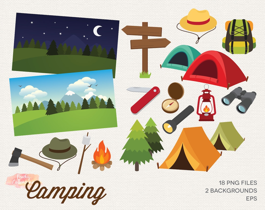 Camping Clipart Set: Hiking, Campfire, Tent Graphics (digital Download ...