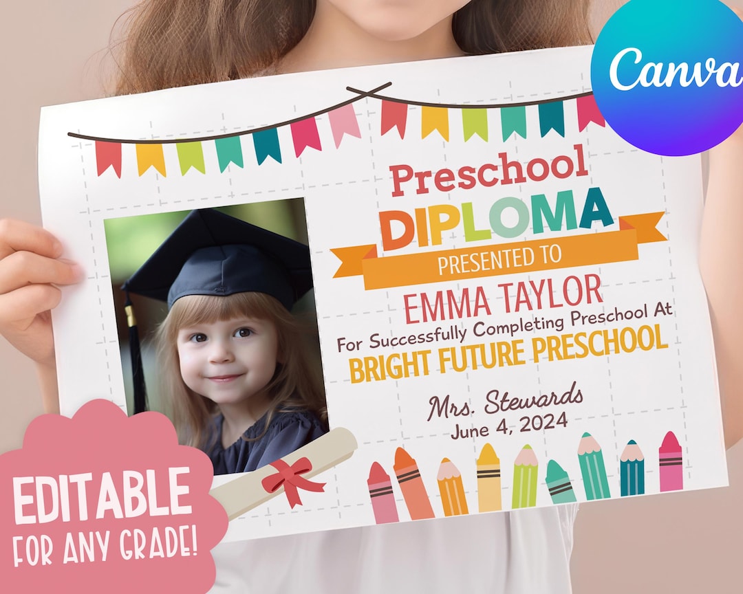 Editable Preschool Diploma Certificate With Photo (canva Template) - Etsy
