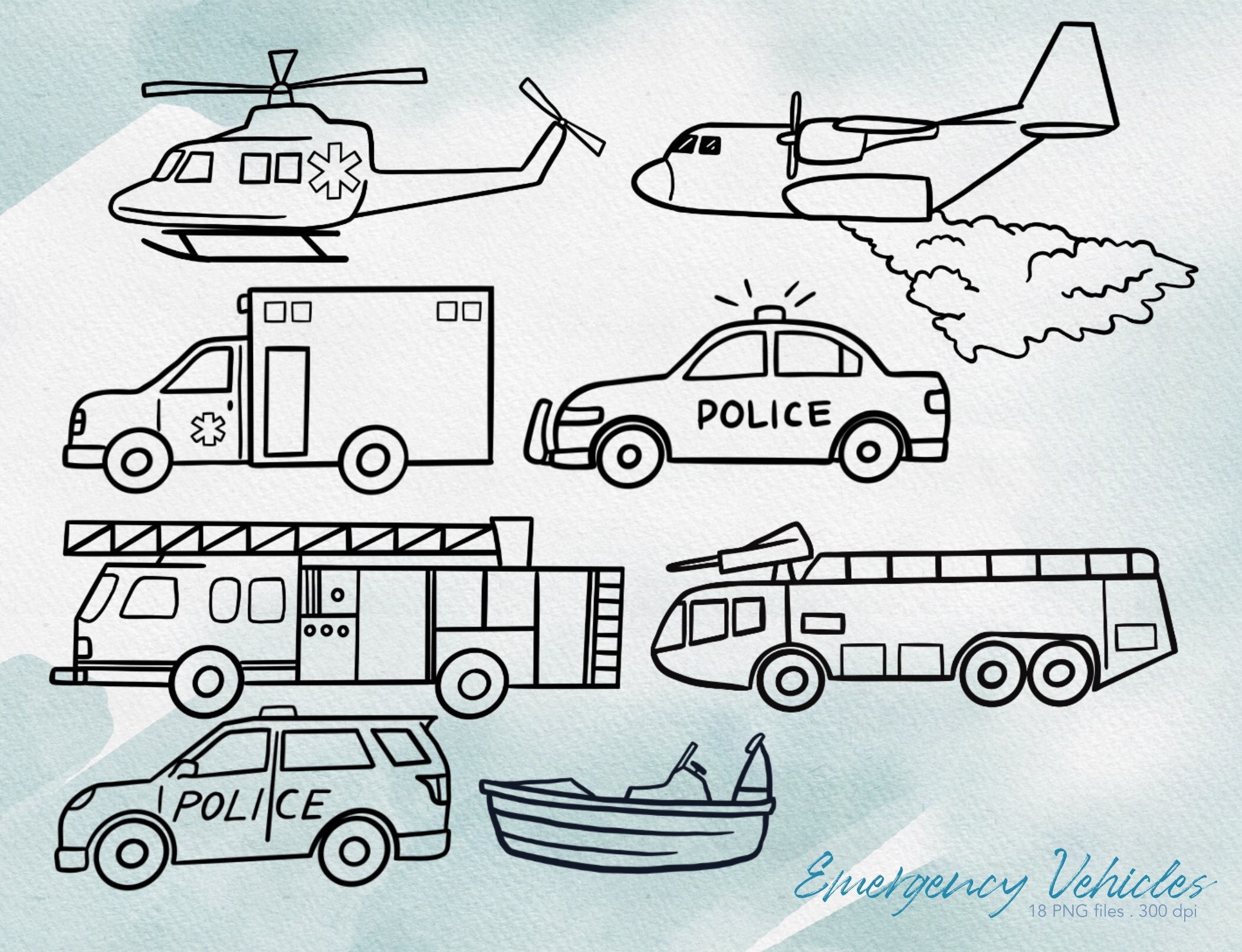 Emergency Vehicle Clipart: Fire Engine, Police Car, Ambulance (digital ...