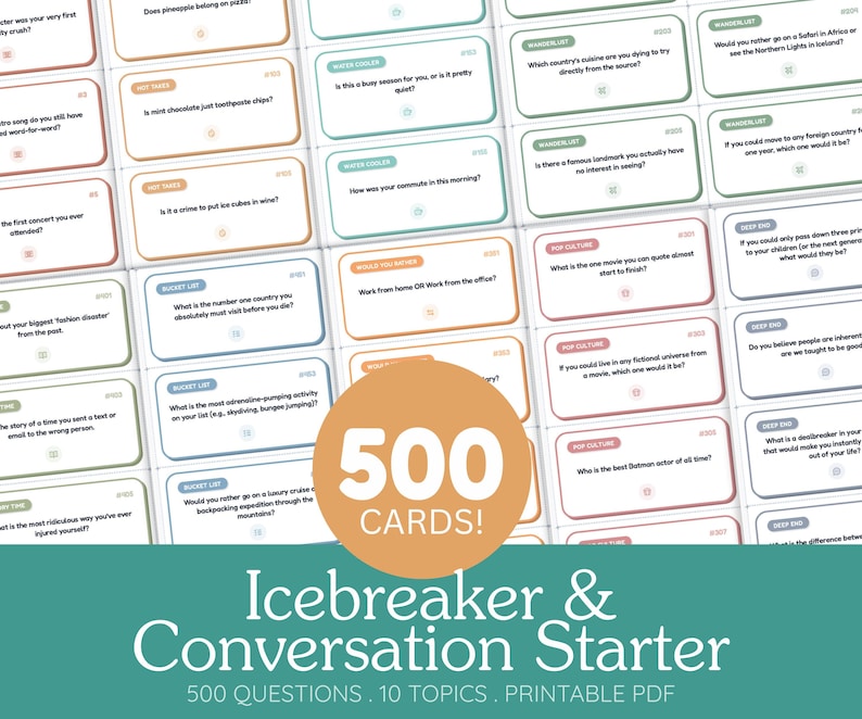 500 Conversation Starter Cards Printable | Icebreaker Cards Bundle ...