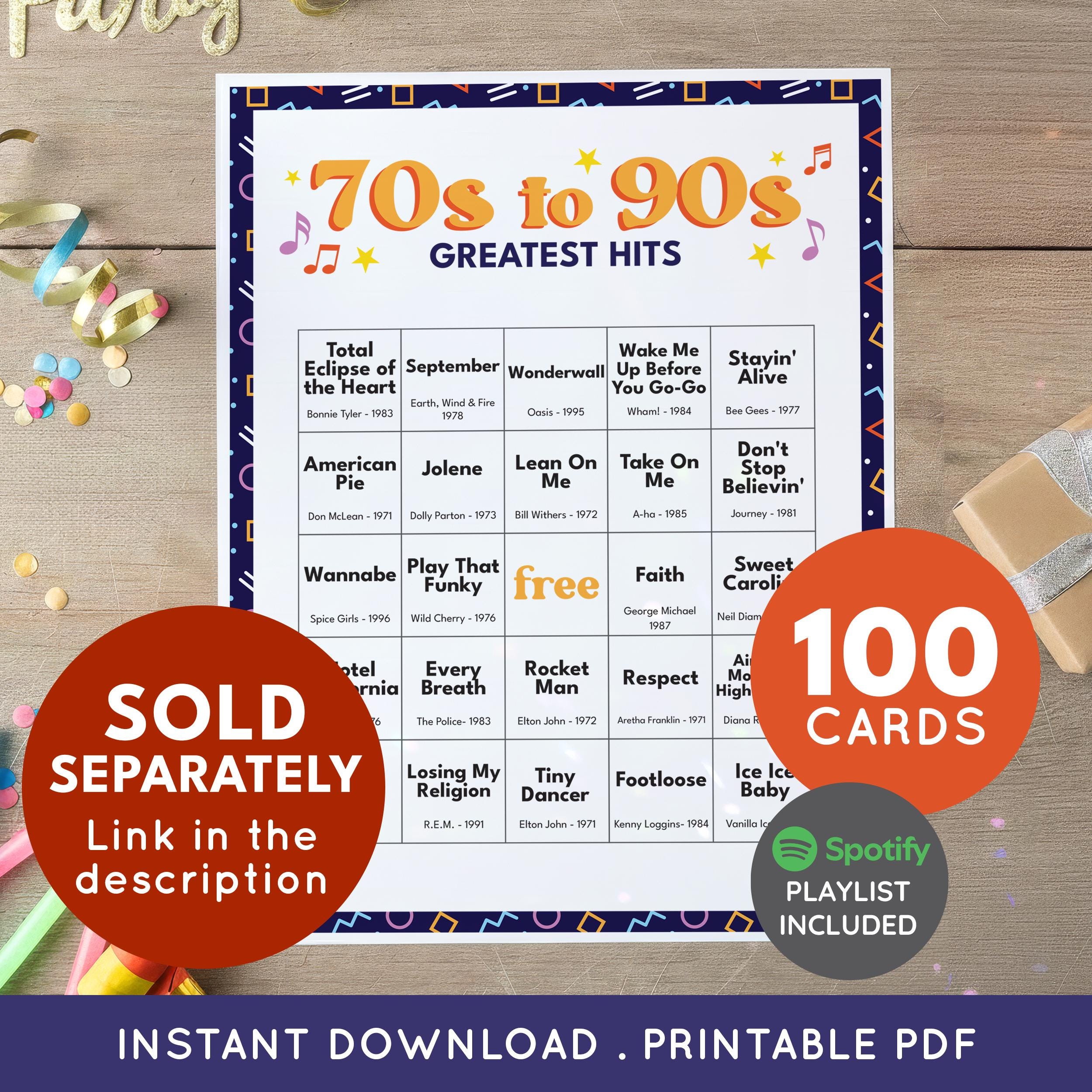 Retro 70s Music Bingo With 60 Hits | 100 Unique Bingo Cards | Spotify ...