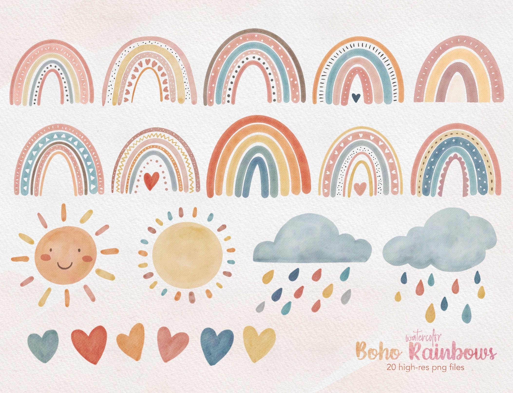 Watercolor Boho Rainbow Clipart: Pastel Rainbow Decor (PNG Digital ...