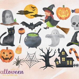 Watercolor Halloween Clipart: Witch, Ghost, Pumpkin (PNG Digital ...