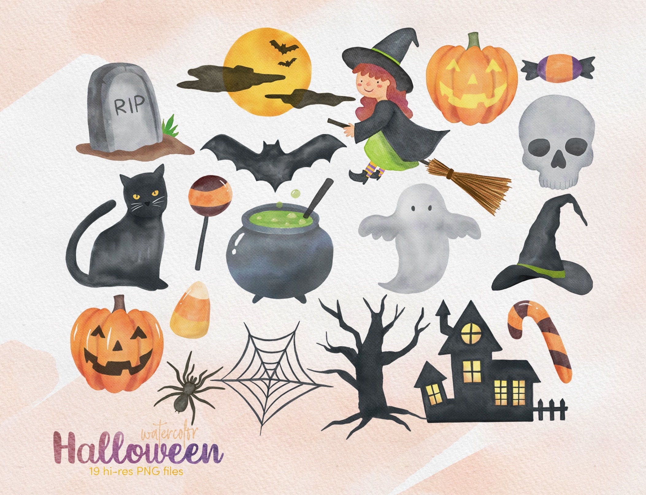 Watercolor Halloween Clipart: Witch, Ghost, Pumpkin (PNG Digital ...