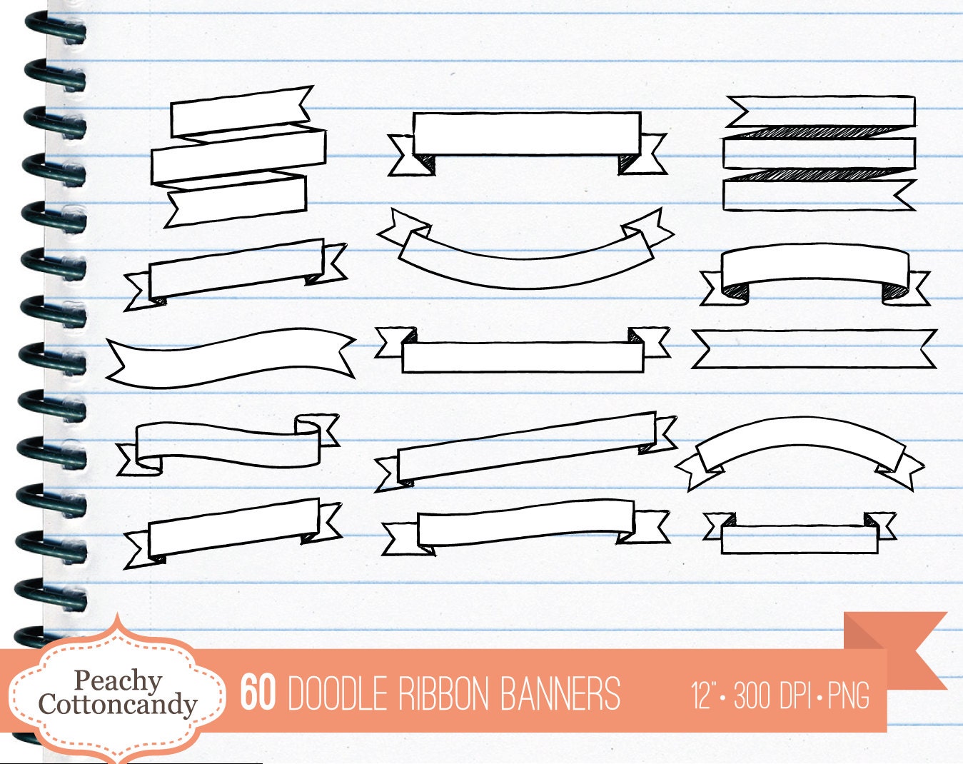 Doodle Ribbon Banners Clipart: 60 Hand-drawn PNG Graphics (digital ...