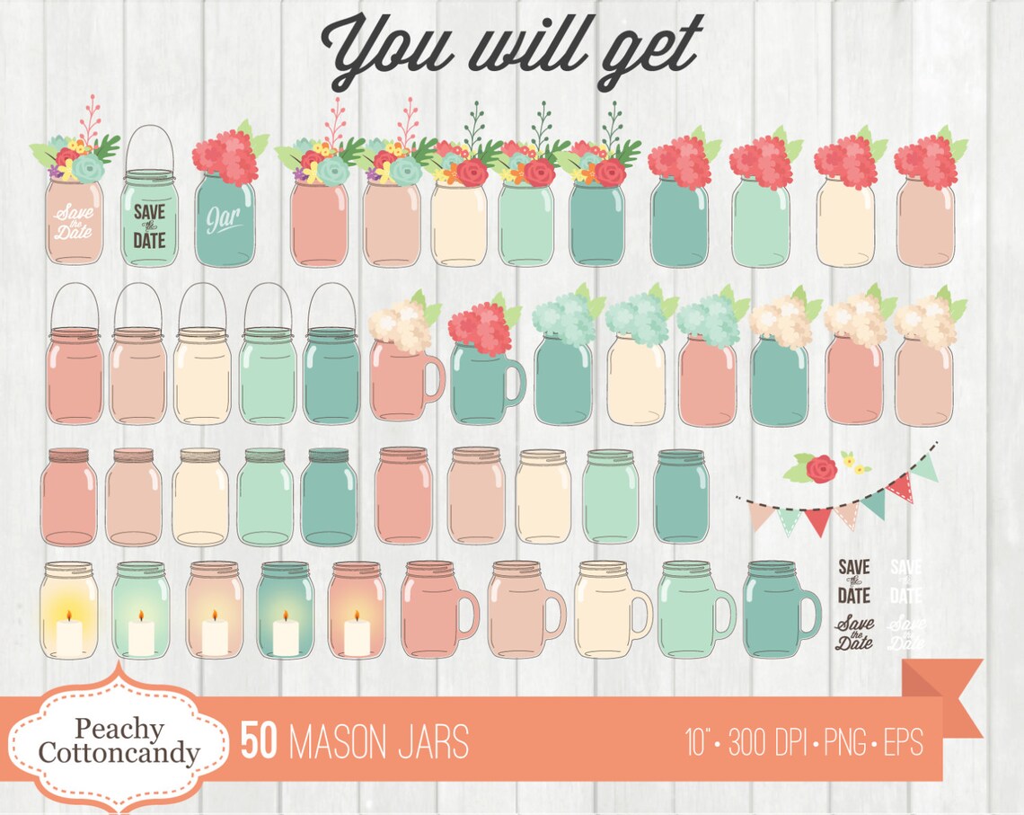 50 Chic Mason Jar Clipart: Floral Wedding Save-the-date (PNG, 300ppi ...