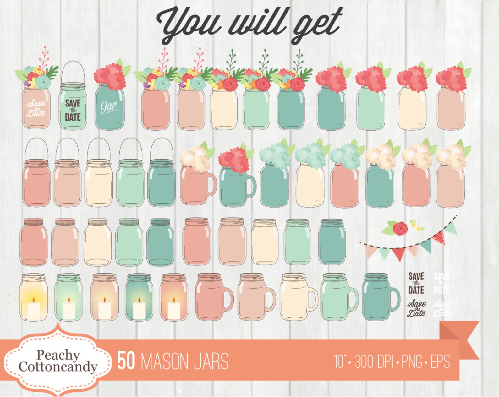 50 Chic Mason Jar Clipart: Floral Wedding Save-the-date (PNG, 300ppi ...