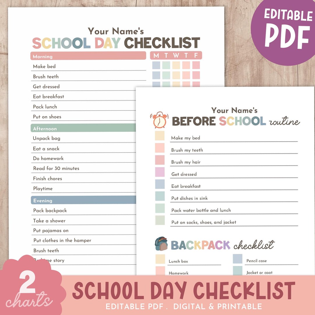 Editable School Day Checklist: Kids Routine Chart (2 Printable PDF) - Etsy