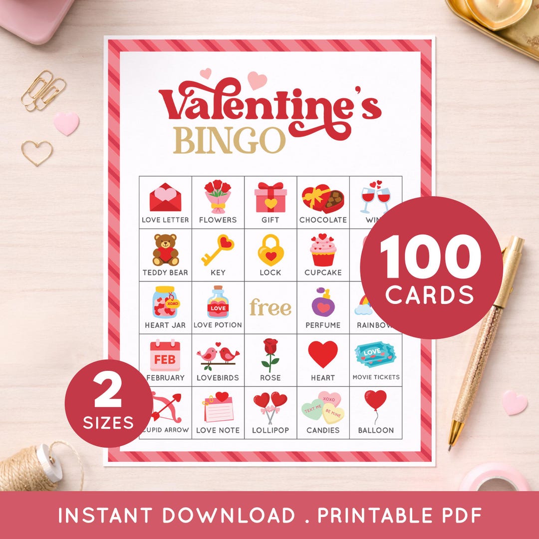 Valentine Bingo Printable Game | 100 Unique Cards | Valentine’s Day ...