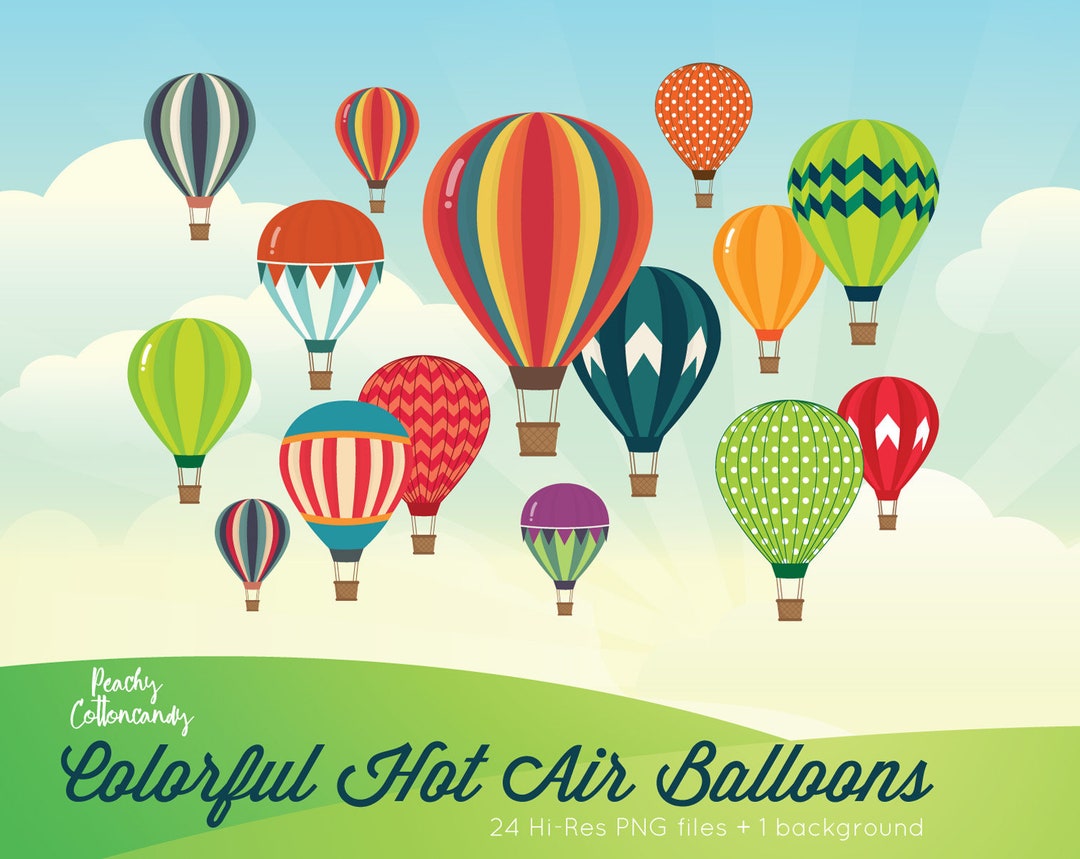 Colorful Hot Air Balloon Clipart: 24 PNG Files + Background (digital ...