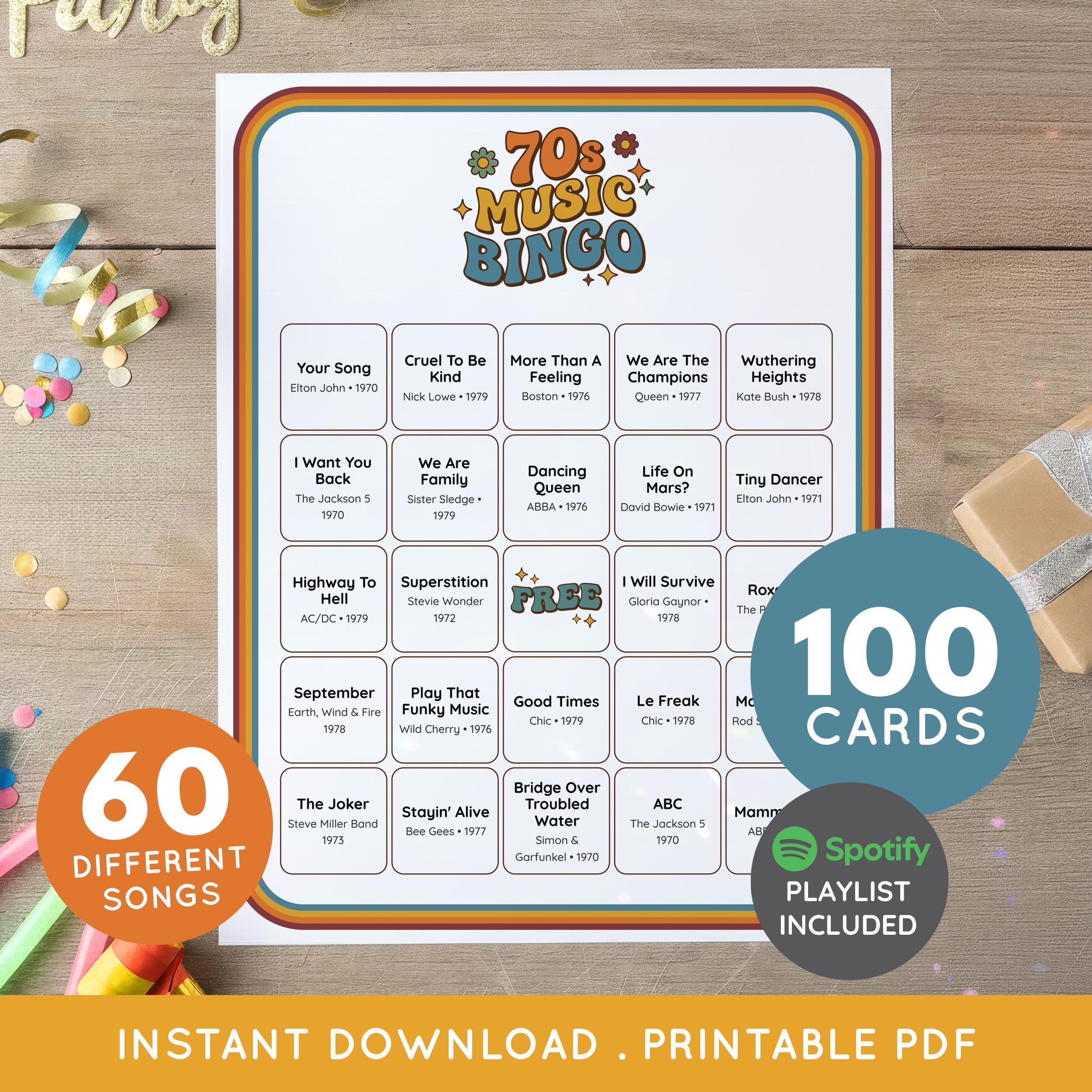 Retro 70s Music Bingo With 60 Hits | 100 Unique Bingo Cards | Spotify ...