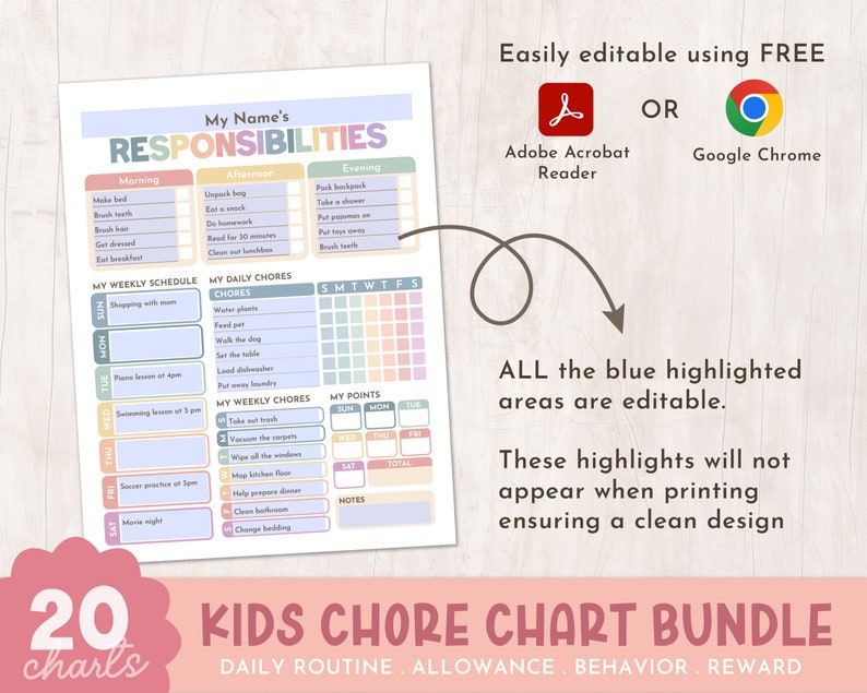 Editable Kids Chore Chart Bundle: Daily Checklist, Reward Bucks (PDF ...