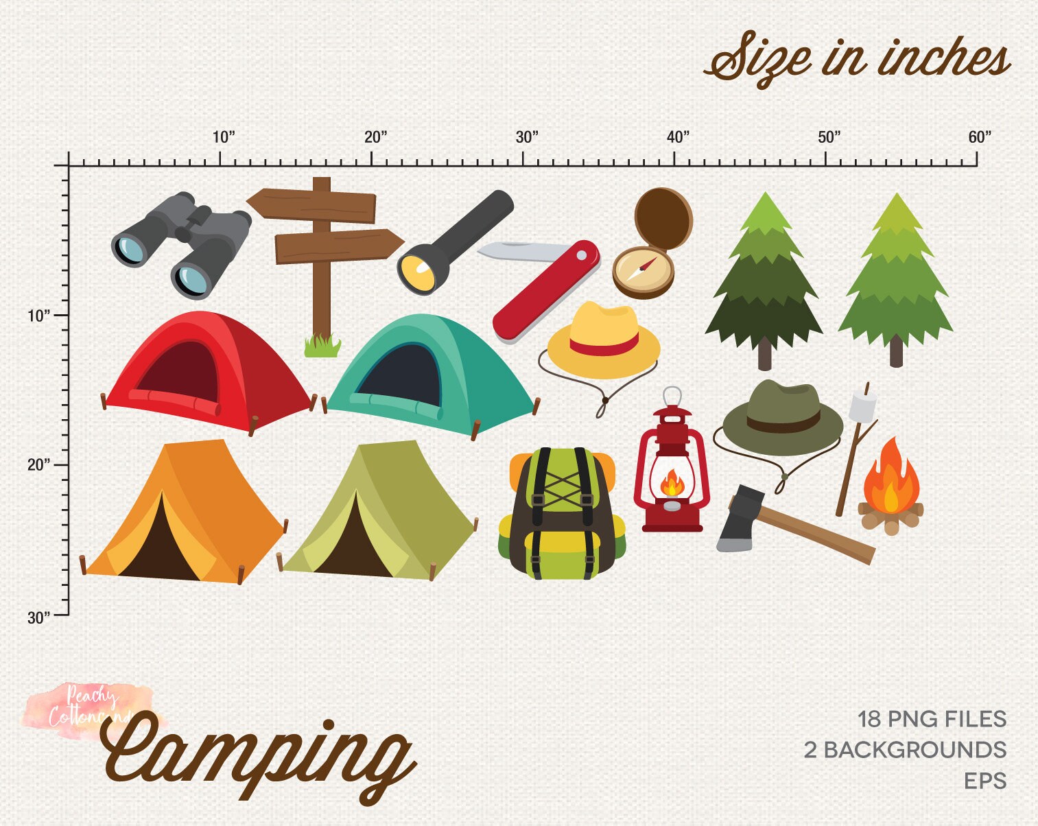 Camping Clipart Set: Hiking, Campfire, Tent Graphics (digital Download ...