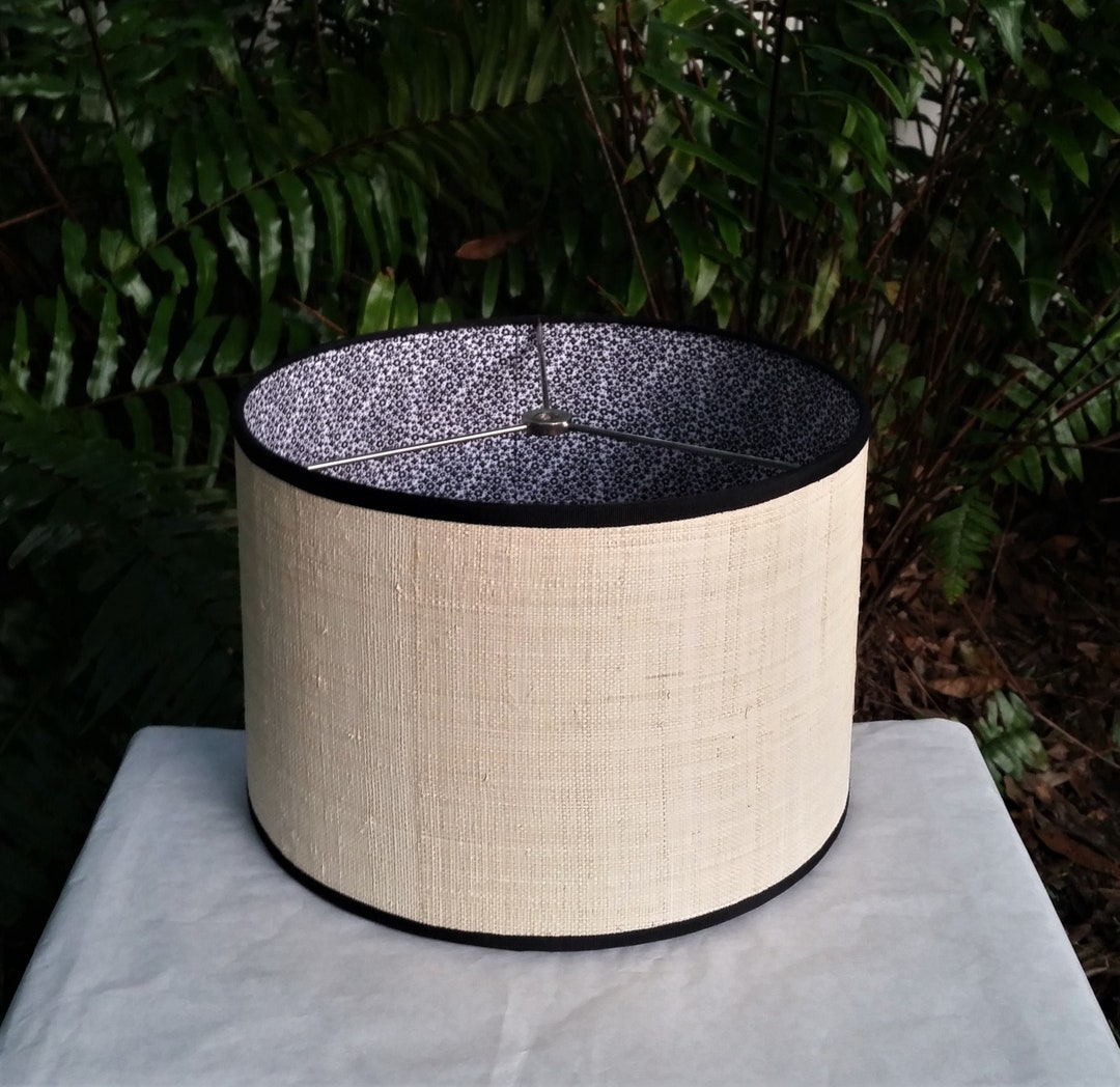 Raffia Cloth Lampshade Lined With Black White Floral Fabric - Etsy