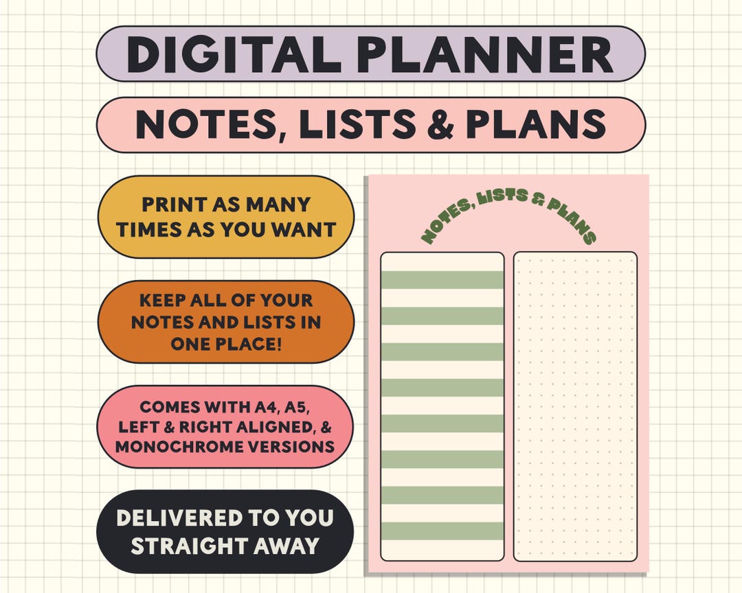 Digital Download - Printable Planner Page: Notes, Lists & Plans - Etsy