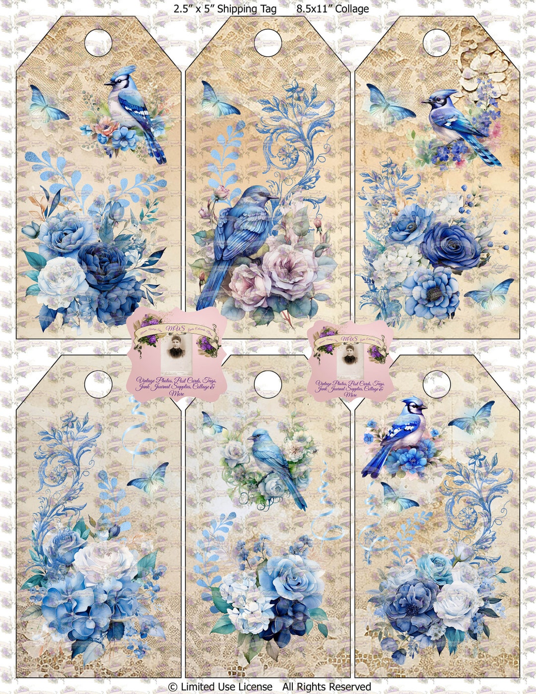 Beautiful Lace Tags With Blue Birds and Flowers Ready to Print and ...