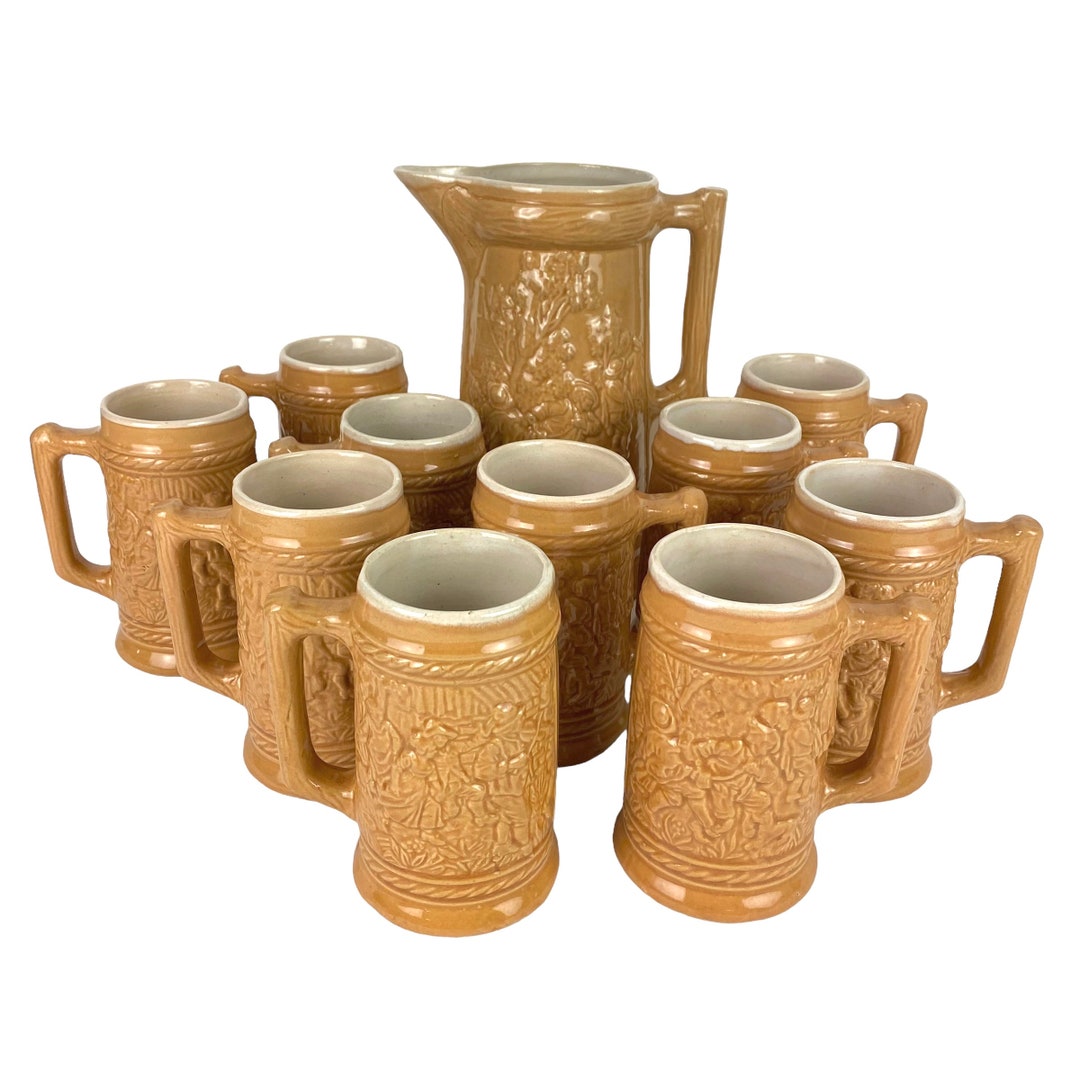 Yellow Ware Pottery Pitcher 10 Mugs Steins Mancave Beer Garden 327 ...