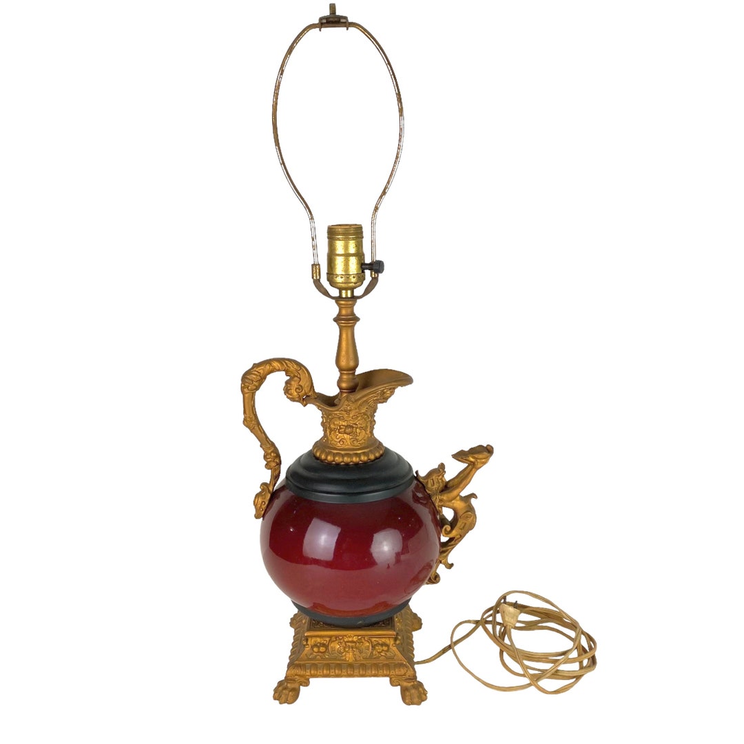 Victorian Pitcher Ewer Table Lamp Red Gold Claw Feet Faces Figurehead ...