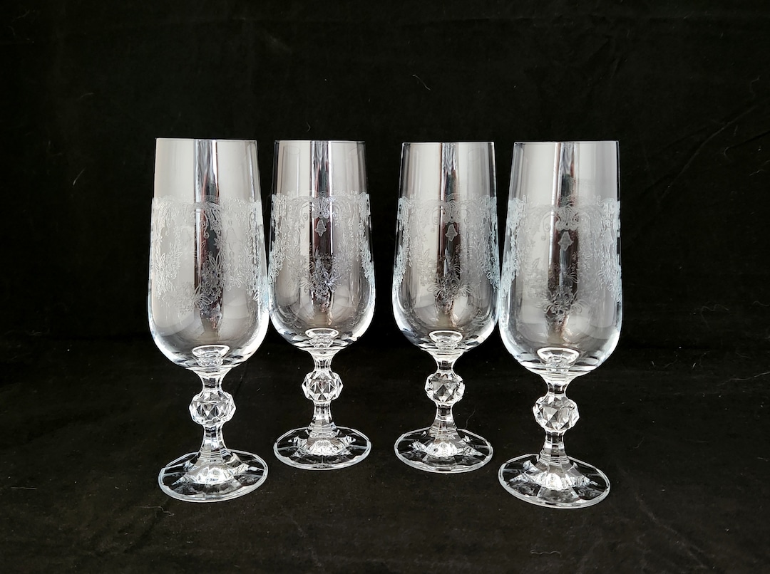 Import Assoc. Etched Crystal Cascade Pattern Champagne Flutes Glasses ...