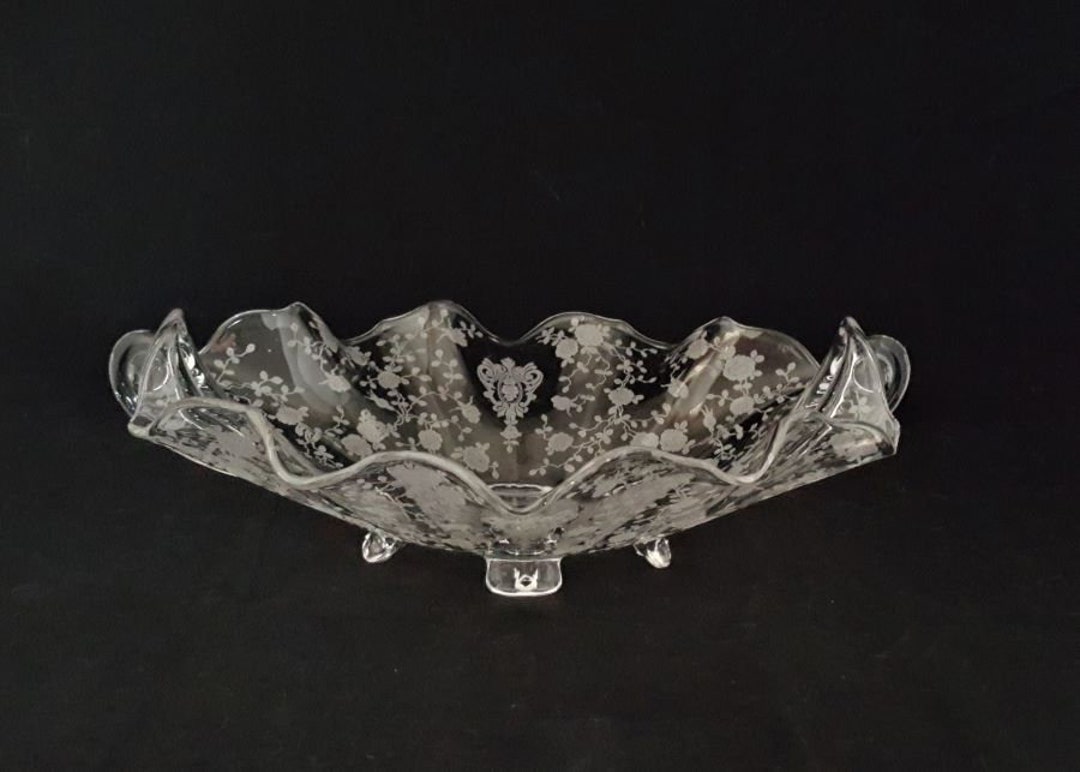 Cambridge Rose Point Etched Crystal Caprice Shape 4 Toed Handled Oval ...