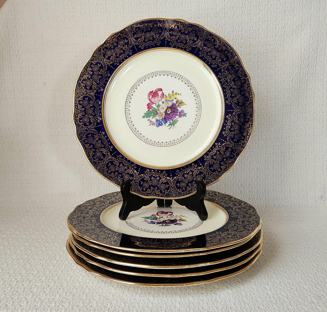 Steubenville 2044 Cobalt Rim Gold Filigree Dinner Plates With Floral ...