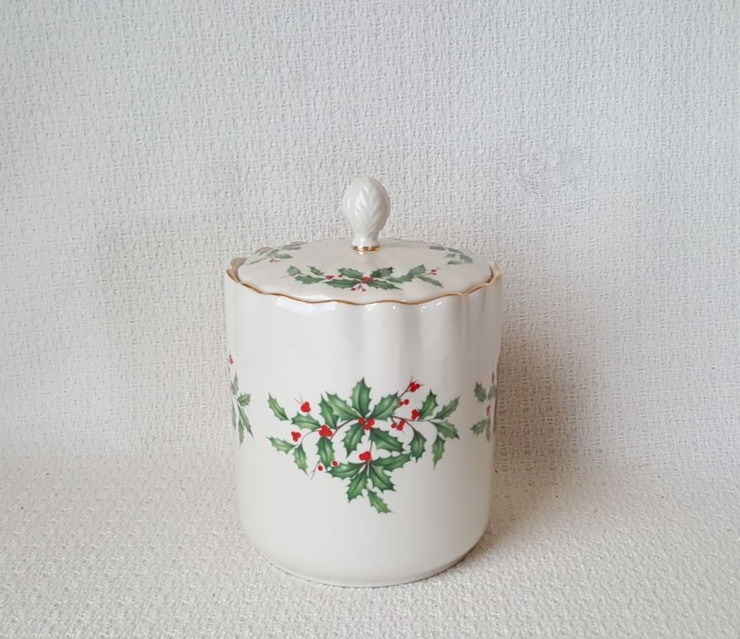Lenox Holiday Pattern Canister or Cookie Jar Green Holly With Red ...