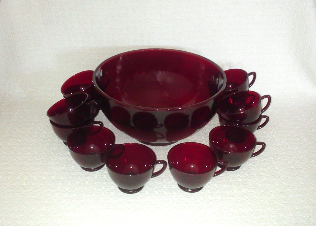Anchor Hocking Royal Ruby Red Glass Punch Set With Punch Bowl & 12 Cups ...