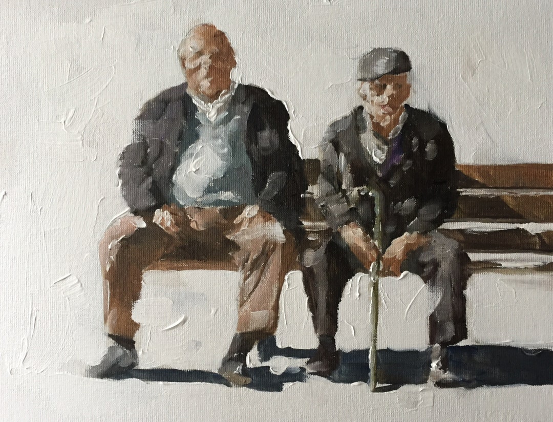 Men on Bench , Painting, Poster, Wall Art , Canvas Print - Fine Art ...