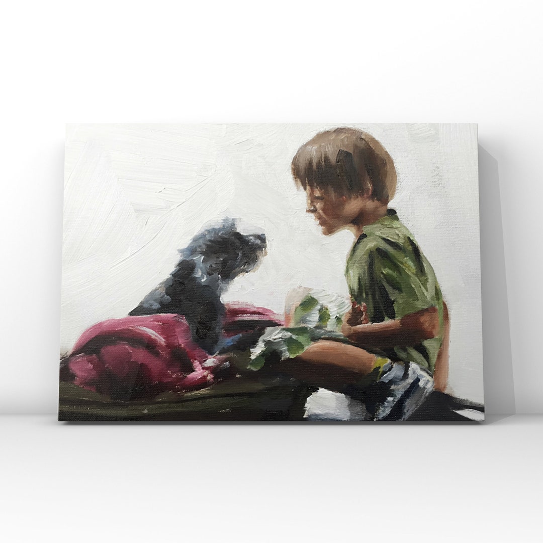 Boy and Dog - Painting - Poster - Wall Art - Canvas Print - Fine Art ...