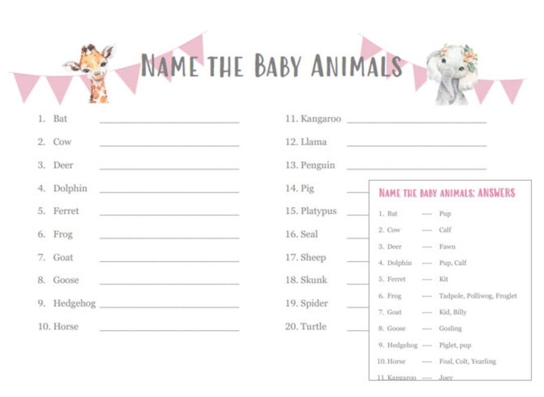 Baby Shower - Baby Animals Guessing Game - PINK for a Baby Girl's ...
