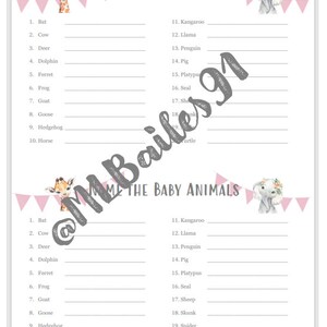 Baby Shower - Baby Animals Guessing Game - PINK for a Baby Girl's ...