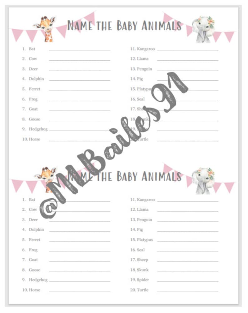 Baby Shower Baby Animals Guessing Game PINK for a Baby - Etsy