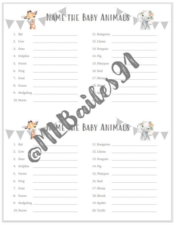 Baby Shower - Baby Animals Guessing Game - GRAY for a Gender Neutral ...