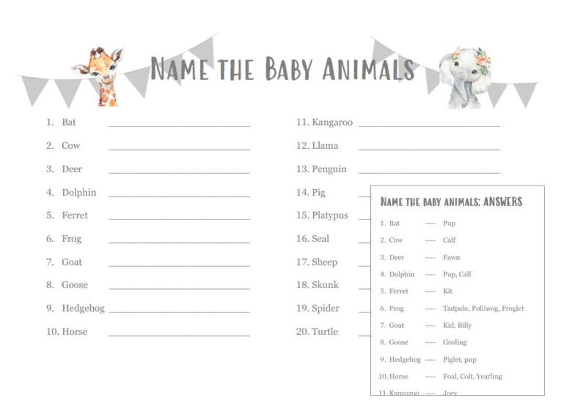 Baby Shower - Baby Animals Guessing Game - GRAY for a Gender Neutral ...