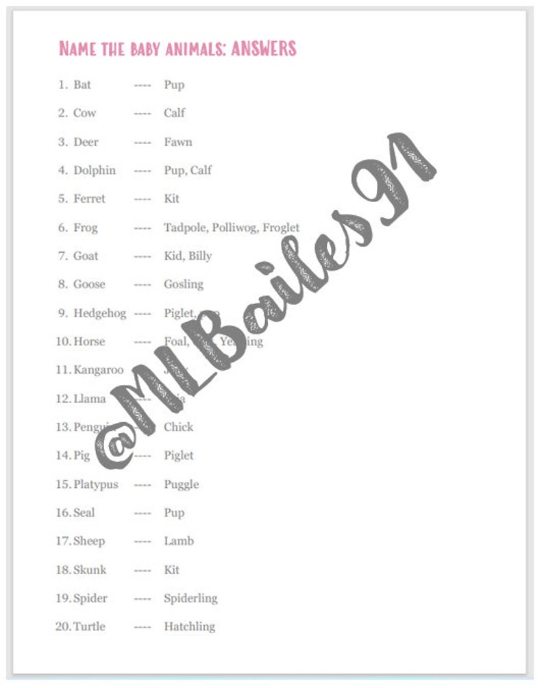 Baby Shower Baby Animals Guessing Game PINK for a Baby - Etsy