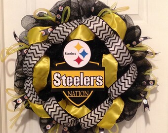 Steeler wreath Steeler deco mesh wreath steeler ribbon | Etsy